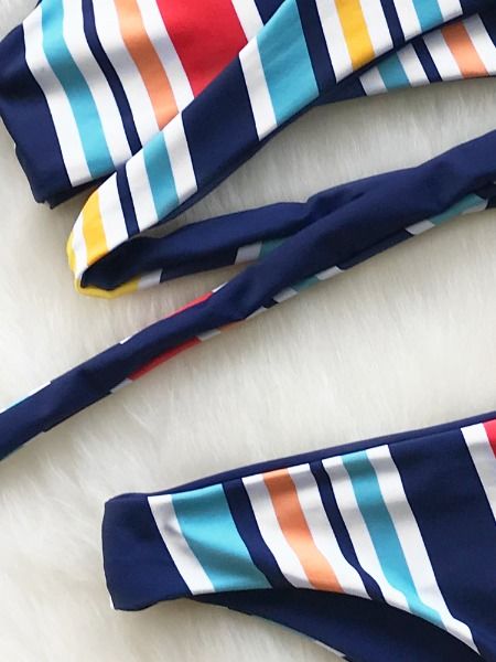 China Color block swimwear,two piece sexy women striped bikini set on ...