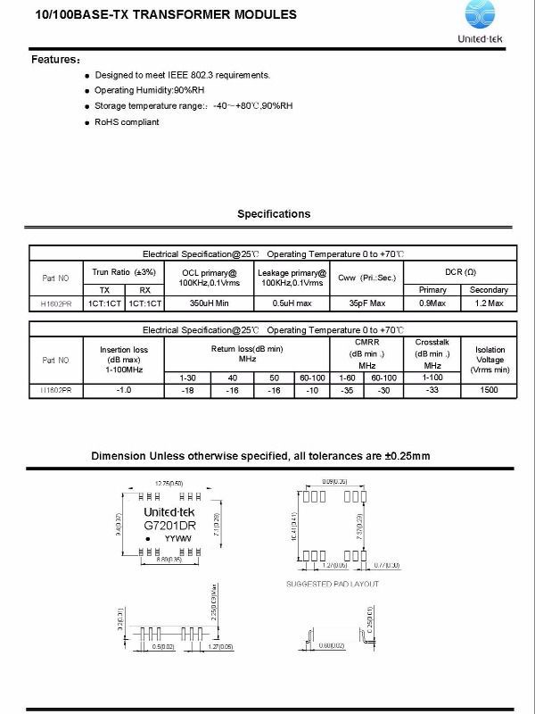 1000Base-T Quad Port Transformer Module, BASE T Electronics Transformer ...