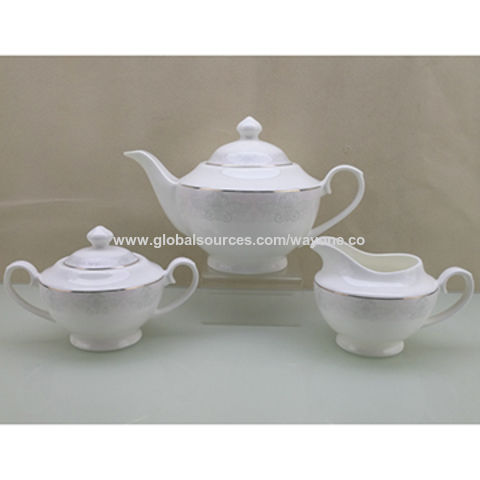 3pcs Fine China Tea Set,tea Pot 1500ml 400ml Sugar Pot 220ml Creamer, Gold Decal With Pink ...