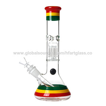 Rasta Color Glass Beaker Water Pipe 6 Tree Arms Perc Smoking Bong No ...