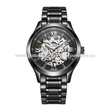 China Men's Fashion Mechanical Self-Wind Black Skeleton Stainless Steel ...