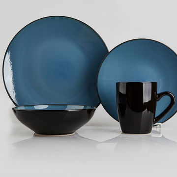 China Coupe Shape 16pc Dinnerware Set 2 tone Reactive Color Glaze Blue ...