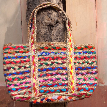 India Handcrafted with colorful braided chindi fabrics and jute bag. on ...