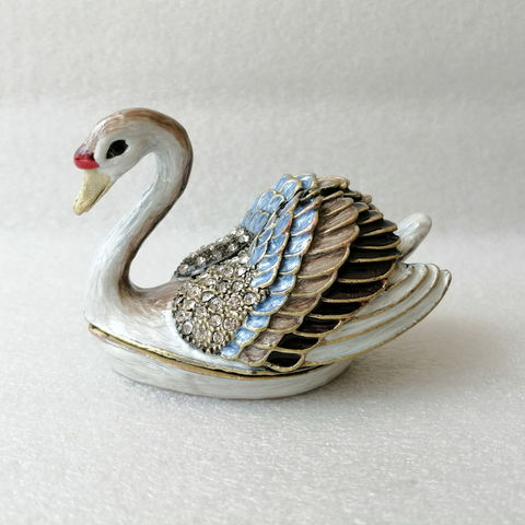 Antique Bronze White Blue Jeweled Metal Swan Trinket Box, jeweled swan ...