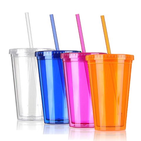16 Oz As Ps Custom Double Wall Plastic Cups With Lid And Straw, Plastic ...
