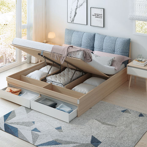 Bedroom furniture high box bed with storage drawers wood headboard bed ...