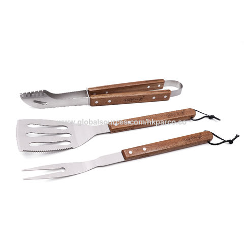3 Piece BBQ Tool Set Acacia wood Handle Stainless Steel grilling tools ...