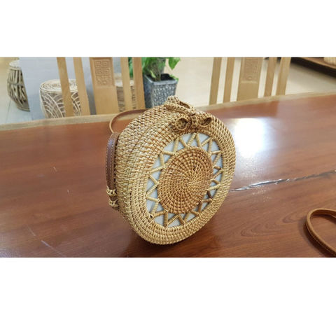 Buy Wholesale Vietnam Round Rattan Handbag With Real Leather, Cotton ...