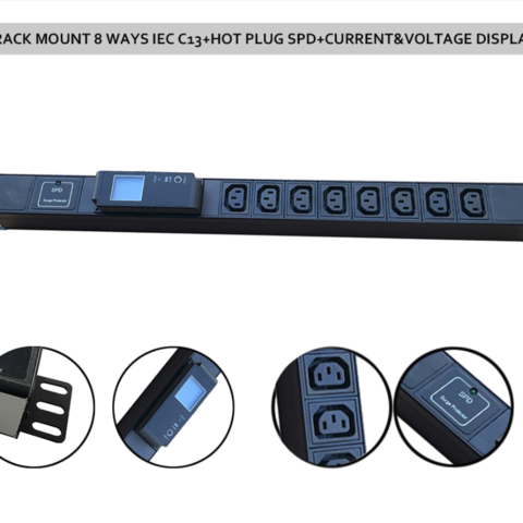 China Rack mount 8 ways IEC C13+hot plug SPD+current and votage display PDU power distribution ...