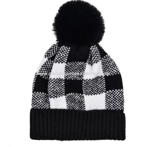 China Acrylic Knitted Checkered Hat with Fur Pompon,Jacquard Knit Hat ...