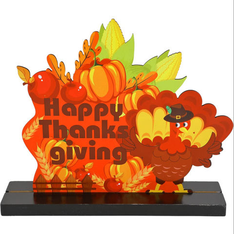 Happy Thanksgiving Wood Sign with Autumn Maple Leaves Turkey Pumpkin ...