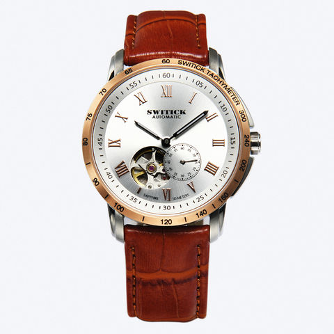 SWITICK 39mm Ladies Stainless Steel Automatic Watch with Leather Strap ...