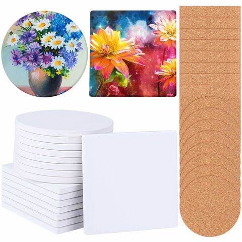 Ceramic Tiles 16 Pack White, Cork Backing Pads 4 Inch Round And Square ...