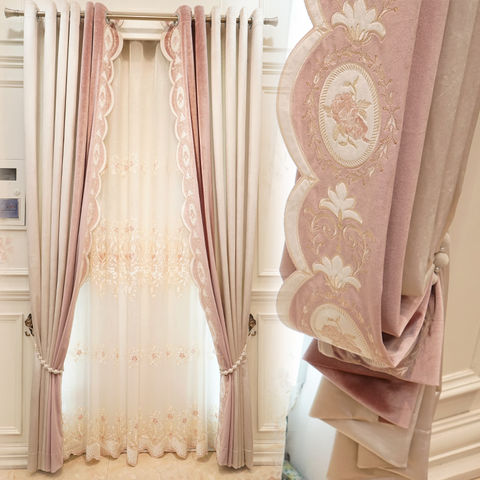 Embroidered solid color curtain, Italian flannel, French luxurious ...