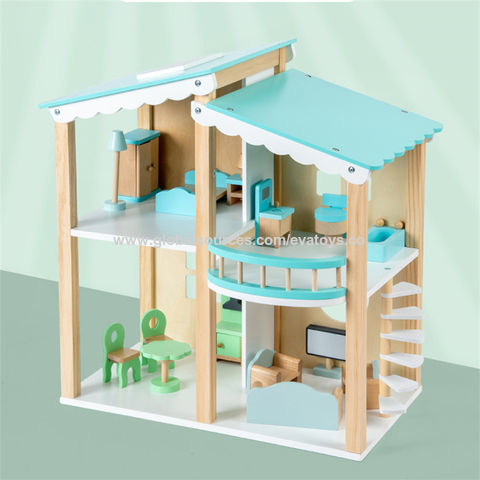 DIY Toy Educational Toy Kids Wooden Blue Doll House With Furniture ...