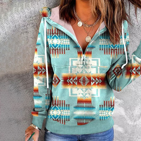 Women Hoodie Sky Blue Aztec Geometric Drawstring Zipper Hoodie, Women Hoodie, Zipper Hoodie ...