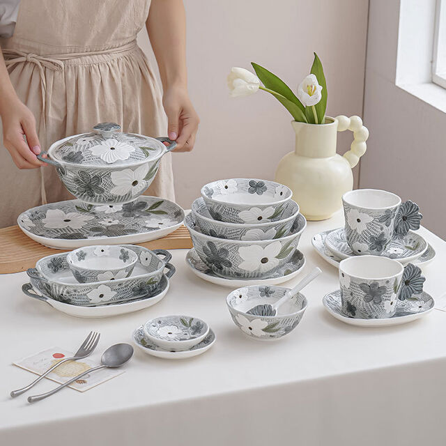 Grey White Flower Ceramic Dinnerware Sets For Home And Restaurant $2.05 ...