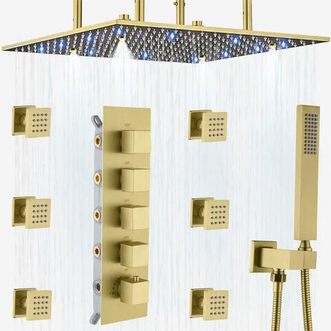 16 Inches Brushed Gold Brass Ceiling Mounted Led Thermostatic Rainfall ...