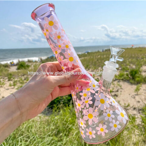 Custom Daisy Patterns Pink Color Glass Beaker Bong Smoking Water Pipe ...