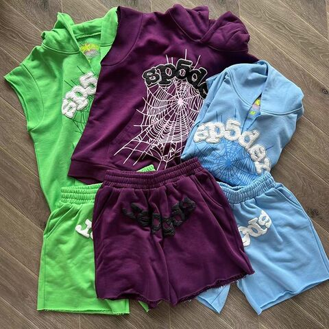 Custom Sp5der 55555 Short Sleeve Hoodie And Shorts Sets Oversized Puff ...