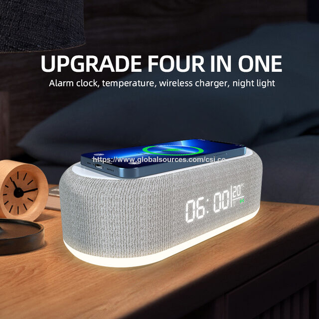 Fabric Led Alarm Clock Bluetooth Speaker Wireless Charger 15w - Expore ...