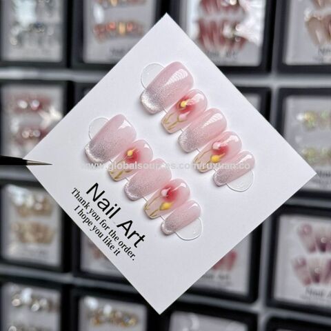 Handmade Press On Nails, Cat Eye Fake Nails,full Cover Cherry Blossom ...