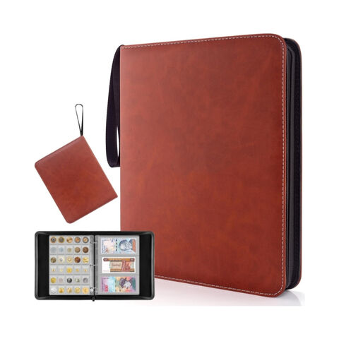 Leather Brown Coin Collection Book Holder Zippered Coin Album Binder ...