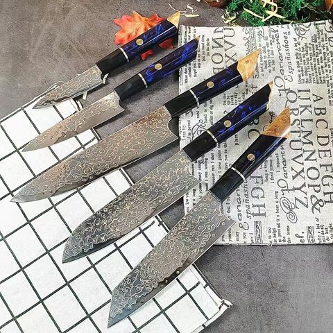 Bulk Buy China Wholesale Three-tone Copper Damascus Knives Set With ...