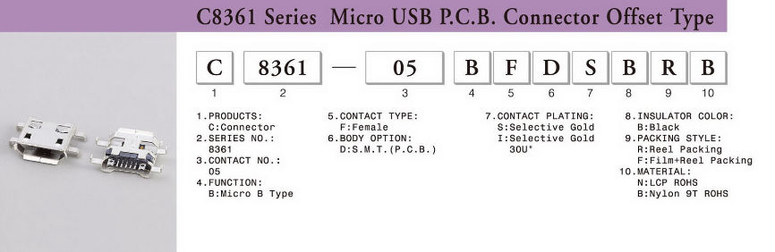 Micro USB PCB Connector 5Pin B Type Offset Female SMT Type, Micro USB ...