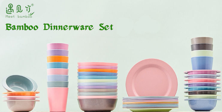 CE eco kitchen set bamboo fiber plate dish set with customs printing ...