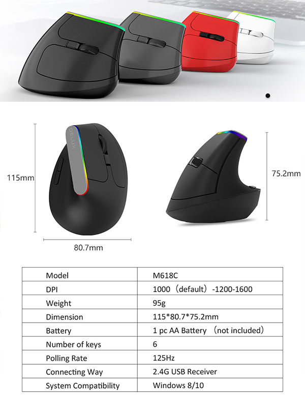 Delux M618C 2.4G Wireless Ergonomics Design Vertical Office Mouse with RGB Light 6 Buttons DPI ...
