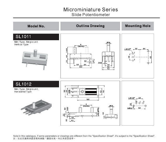 Potentiometers, Micro Series 500 to 100K ohm Slide Potentiometers ...