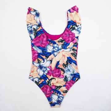 China Ladies ruffle swimsuit , recycle fabric , tropical print, matched ...
