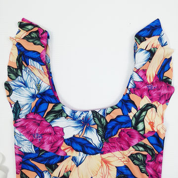 China Ladies ruffle swimsuit , recycle fabric , tropical print, matched ...