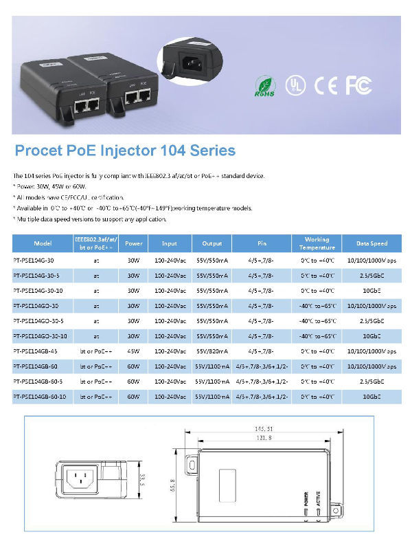 60W PoE injector Indoor Wall-mounted IEEE.802.BT PT-PSE104GB-60 Input ...