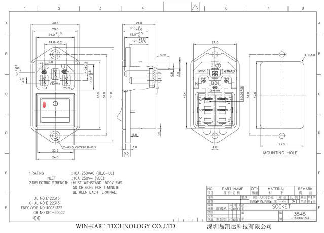 10A 250v AC power entry module with receptacle fuse IEC inlet 3 inside ...