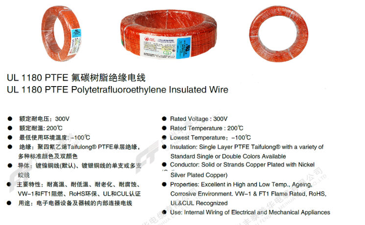 China UL1180 PTFE 20AWG Insulated Wire 300V Rated Voltage 200C Rated ...