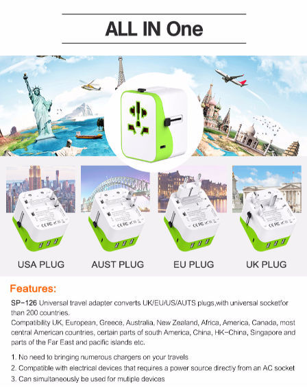 Multi-nation travel plug adapter with 3 USB ports and Type C fast ...