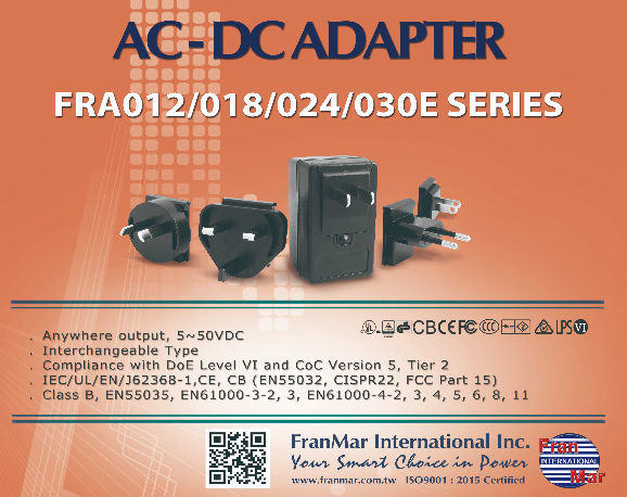 12V 24W interchangeable ac adapter, energy level VI, IEC/EN/UL62368-1 ...