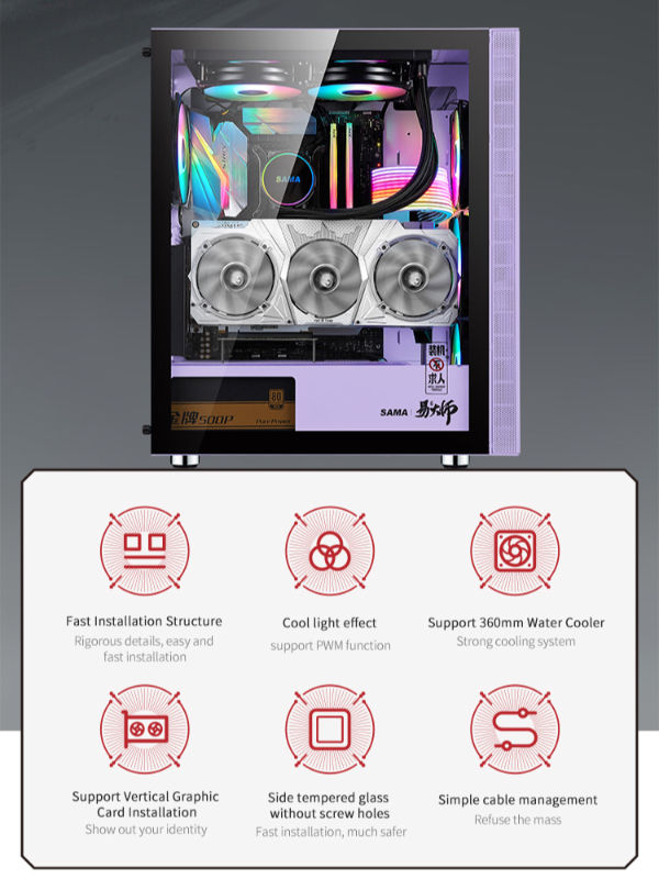 China SAMA 3702 colorful gaming atx computer case in purple support ...