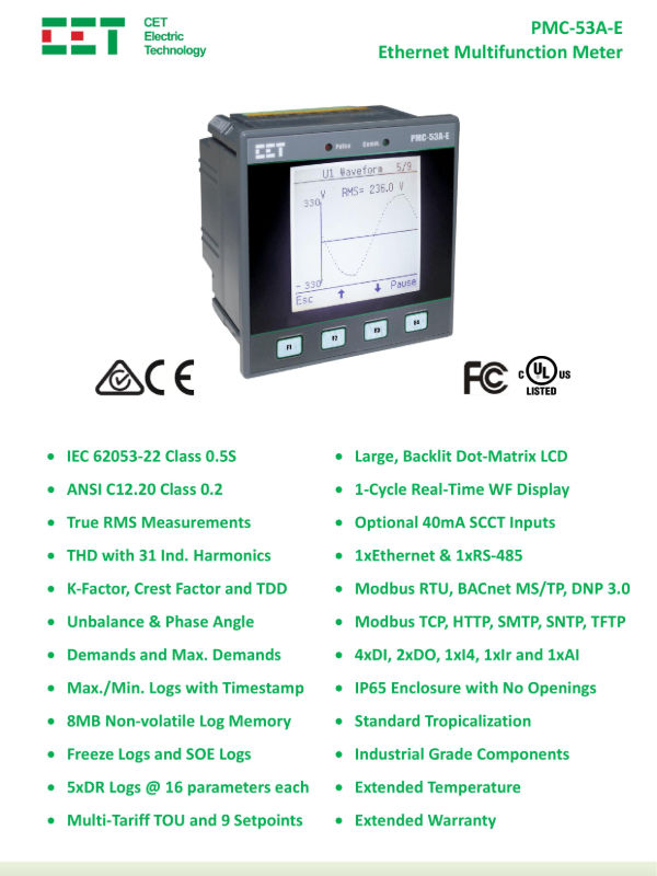 China CET PMC-53A-E DIN Rail 3 Phase Multi-Functional Ethernet RS485 Energy Meter With 10-Year ...
