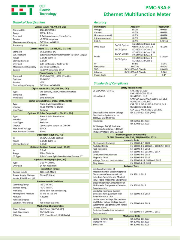 China CET PMC-53A-E DIN Rail 3 Phase Multi-Functional Ethernet RS485 Energy Meter With 10-Year ...