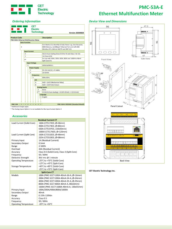 China CET PMC-53A-E DIN Rail 3 Phase Multi-Functional Ethernet RS485 Energy Meter With 10-Year ...