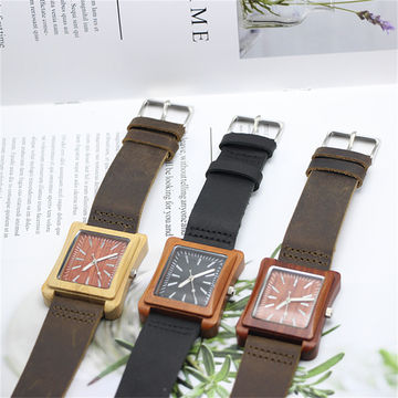China Custom male square japan quartz wood watch with leather band for ...