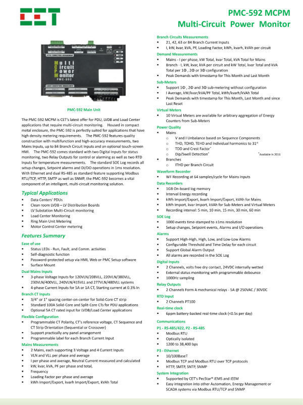 China CET Most Advanced 2-Main/84-Branch Multi-Circuit AC Power Monitor For Data Center & PV ...