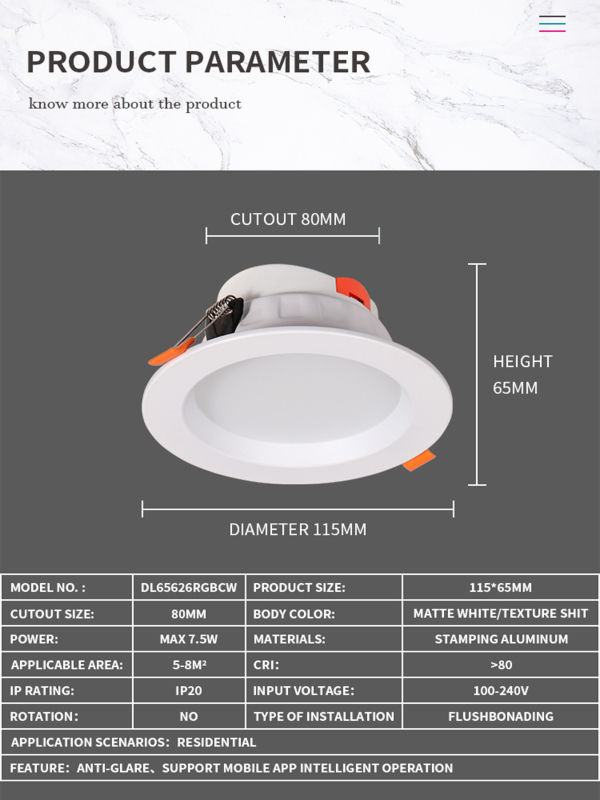 China Wifi App Remote Control Smart 7.5W Dimmable RGB downlight on ...