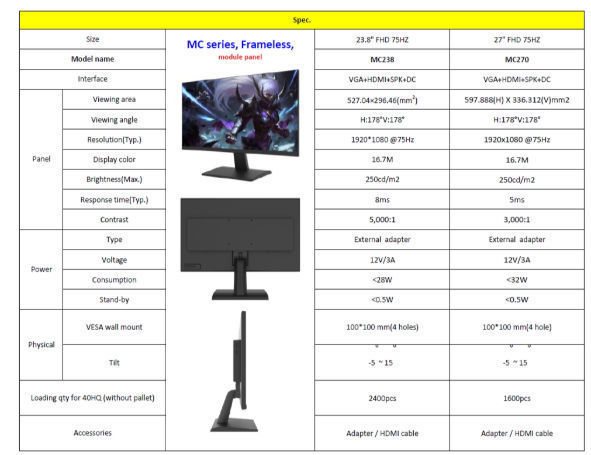 Frameless 23.8 inch LED monitor FHD 1920*1080 75hz with stable plastic ...