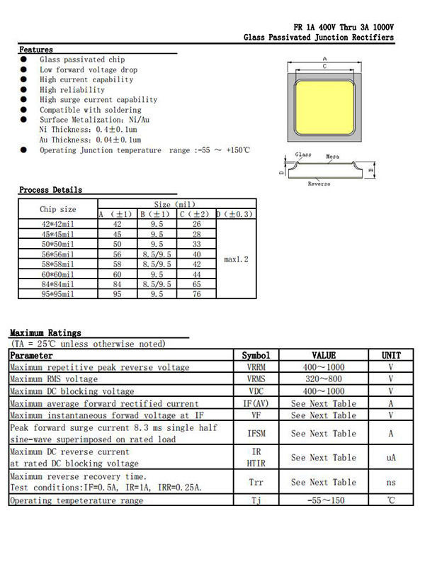 China Wafer diode chips FR 1A 400V 3A 1000V Glass Passivated chip for ...