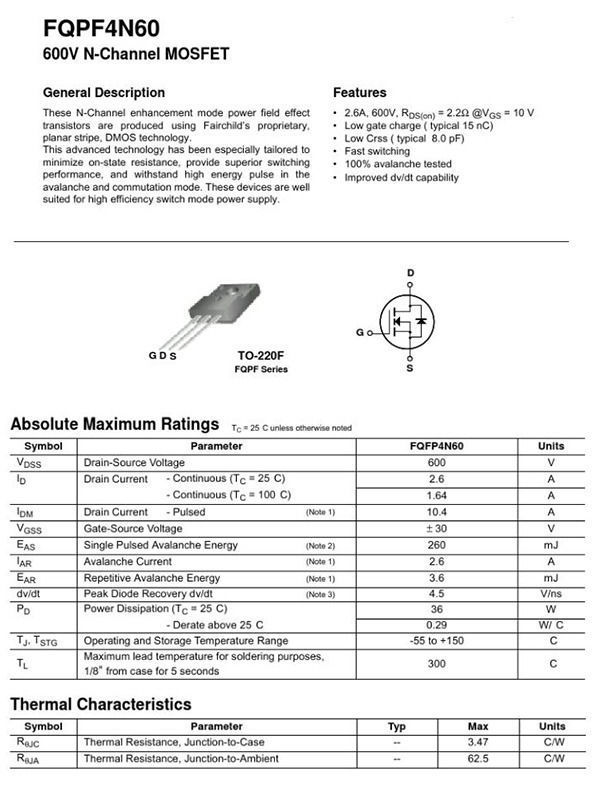 China FQPF4N60 Fast Switching diode 4N60 600V N-Channel Mosfet TO-220F ...