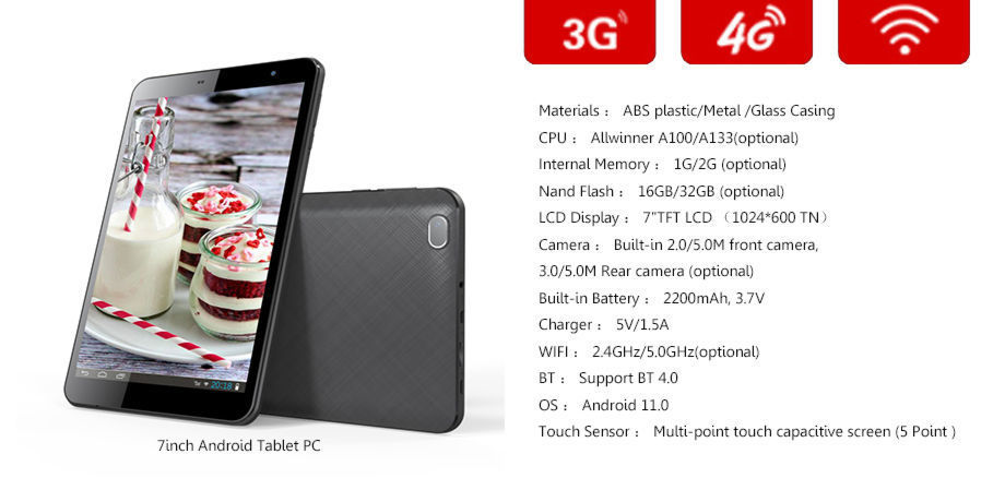 China OEM 7-inch 4G Android Tablets, 1024*600 IPS MTK8163 Quad core, 2G ...
